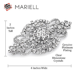 Mariell Vintage Bridal Crystal Brooch Pin, 4" Wide, Antique Silver Wedding Pin, Rhinestone Brooch for Brides and Wedding, Art Deco Fashion Accessory