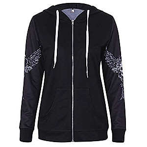 TOMETO STAR Women Causal Zipper Hoodie Skull Wings Print Hooded Jacket Coat Loose Sweatshirt Plus Size Black