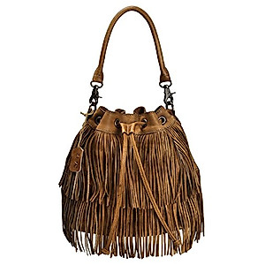 ZLYC Women Handmade Dip Dye Leather Bohemian Fringe Tassel Drawstring Bucket Bag, Brown