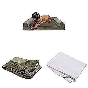 Furhaven Pet Bundle - Jumbo Plus Dark Sage Orthopedic Faux Fur & Velvet Sofa, Extra Dog Bed Cover, & Water-Resistant Mattress Liner for Dogs & Cats