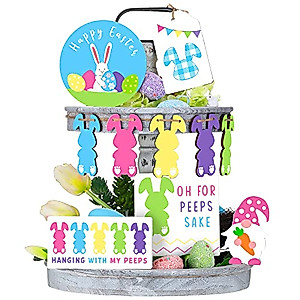 10 Pieces Easter Tiered Tray Decor Easter Decor Farmhouse Mini Wood Decor Bunny Rabbits Eggs Wooden Spring Sign Decorative Trays Signs Rustic Easter Decoration for Home Table Kitchen (Bunny Style)