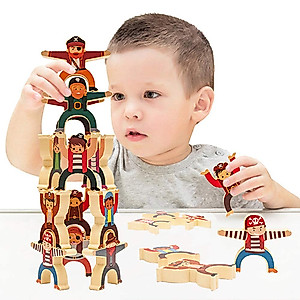 Fuortia 14pc Wooden Pirate Stacking Games Set, Balance Building Block Toys Suitable for Children Over 3 Years Old, Early Education Educational Toy