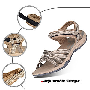 GRITION Women Hiking Sandals Girls Outdoor Sport Water Shoes Summer Flat Cross-Tied Sandals Open Toe Adjustable Walking Shoes Black Pink Gray Sand (9 US/39 EU, Coffee/Sand)