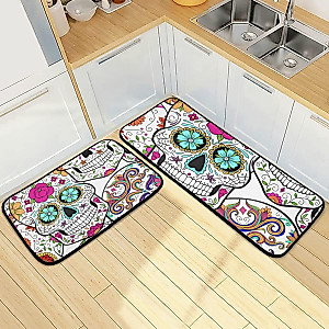 Emelivor Day Dead Sugar Skulls Kitchen Rugs and Mats Set 2 Piece Non Slip Washable Runner Rug Set of 2 for Kitchen Floor Home Decorative Laundry