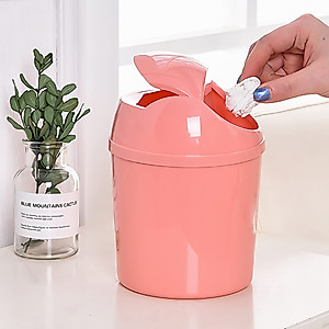 Sheebo 2Pcs Mini Trash Can with Swing Lid Wastebasket Value Packs with 100 Counts Mini Trash Bags for Bathroom Vanity, Desktop, Tabletop or Coffee Table - 2 Liter (Round Cone - Pink + Beige)