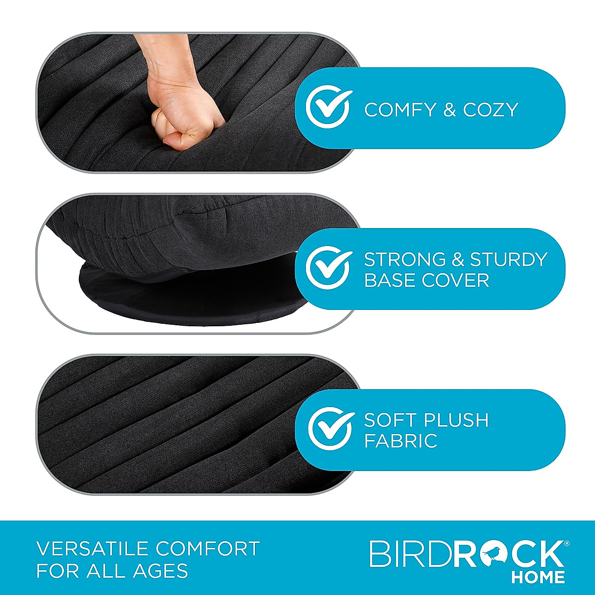 BIRDROCK HOME Swivel Floor Chair for Adults & Kids - 360-Degree Rotating Lounge Chair - 8" Thick Cushion Banana Chair Foldable & Comfy Back Support Seat for Gaming Reading Watching Relaxing - Charcoal
