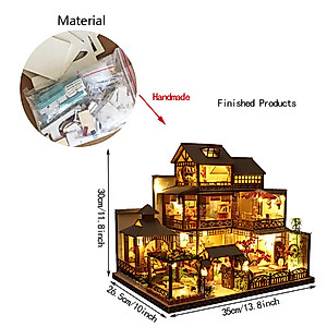 SYW Japanese Style Retro Villa Miniature Dollhouse with Furniture, DIY Miniature Dollhouse Kit with LED Light, 1:24 Scale Creative Room for Birthday Xmas Gift