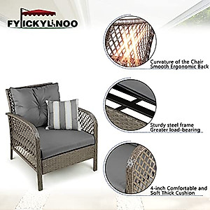 FYRICKYLINOO 7 Pieces Outdoor Wicker Patio Furniture Rattan Conversation Chairs Bistro Sets with 4 PCS Pillows, All Weather Modern Chairs Loveseat Sofa with 2 PCS Coffee Tables for Garden, Gray
