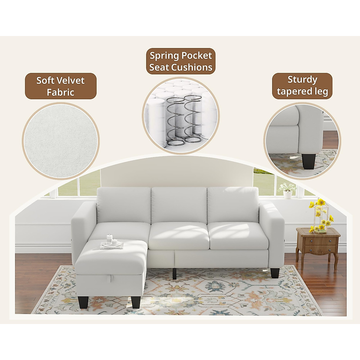Woyomeub Sectional Sofa Couches for Living Room 78" L Shaped Sofas with Storage Ottoman Small 3 Seater Couch Velvet Fabric, Beige