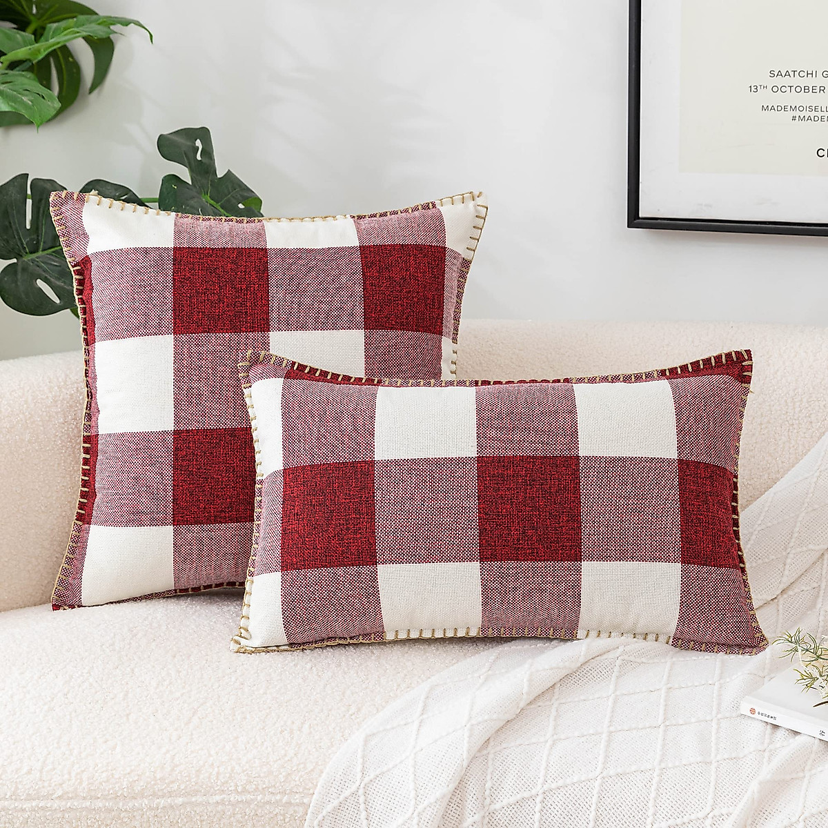 Pack of 2 Buffalo Check Plaid Throw Pillow Covers, Farmhouse Decorative Lumbar uare Outdoor Pillows Cushion Cover for Sofa Couch Living Room Home Garden Chair Decor (Red and White, 12x20 inches)