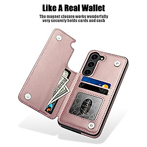 MMHUO for Samsung Galaxy S23 Case with Card Holder,Flower Magnetic Back Flip Case for Samsung Galaxy S23 Wallet Case for Women,Protective Case Phone Case for Samsung Galaxy S23 5G (2023),Rose Gold