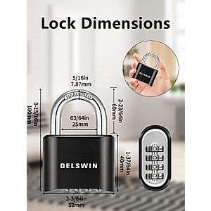 DELSWIN 4-Digit Combination Lock Outdoor Padlock - Heavy Duty Locker Lock with Hardened Steel Shackle, Waterproof Combo Lock for Gym Locker, Hasp Storage, Shed, Fence, Gate (Black,1Pcs)