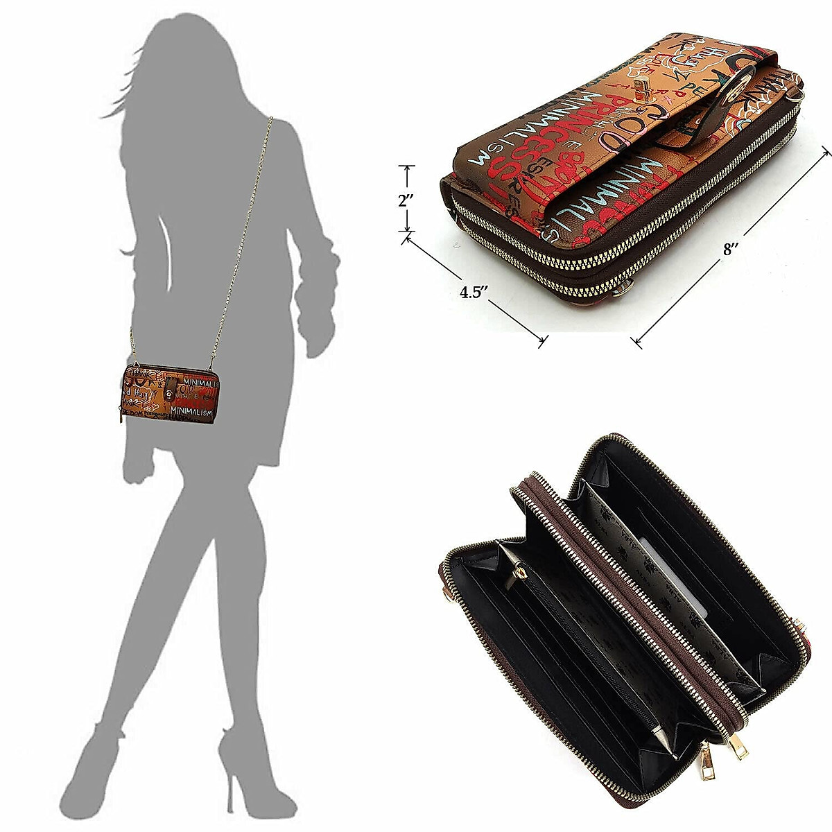 Multicolor Graffiti Printed Cell Phone Purse Wallet Smartphone Crossbody Wallet Travel Multifunction Phone Case Wristlet Clutch Wallet (#A-Black)