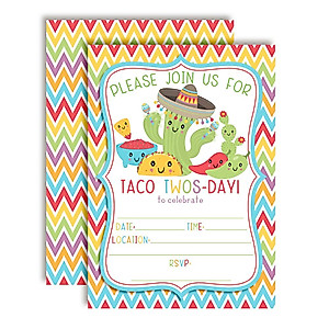 Taco TWOS-DAY Adorable 2nd Birthday Fiesta Party Invitations, 20 5x7 Fill In Cards with Twenty White Envelopes by AmandaCreation