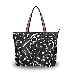 Tote Bag Black White Music Notes Print, Large Capacity Zipper Women Grocery Bags Purse for Daily Life 2 Sizes