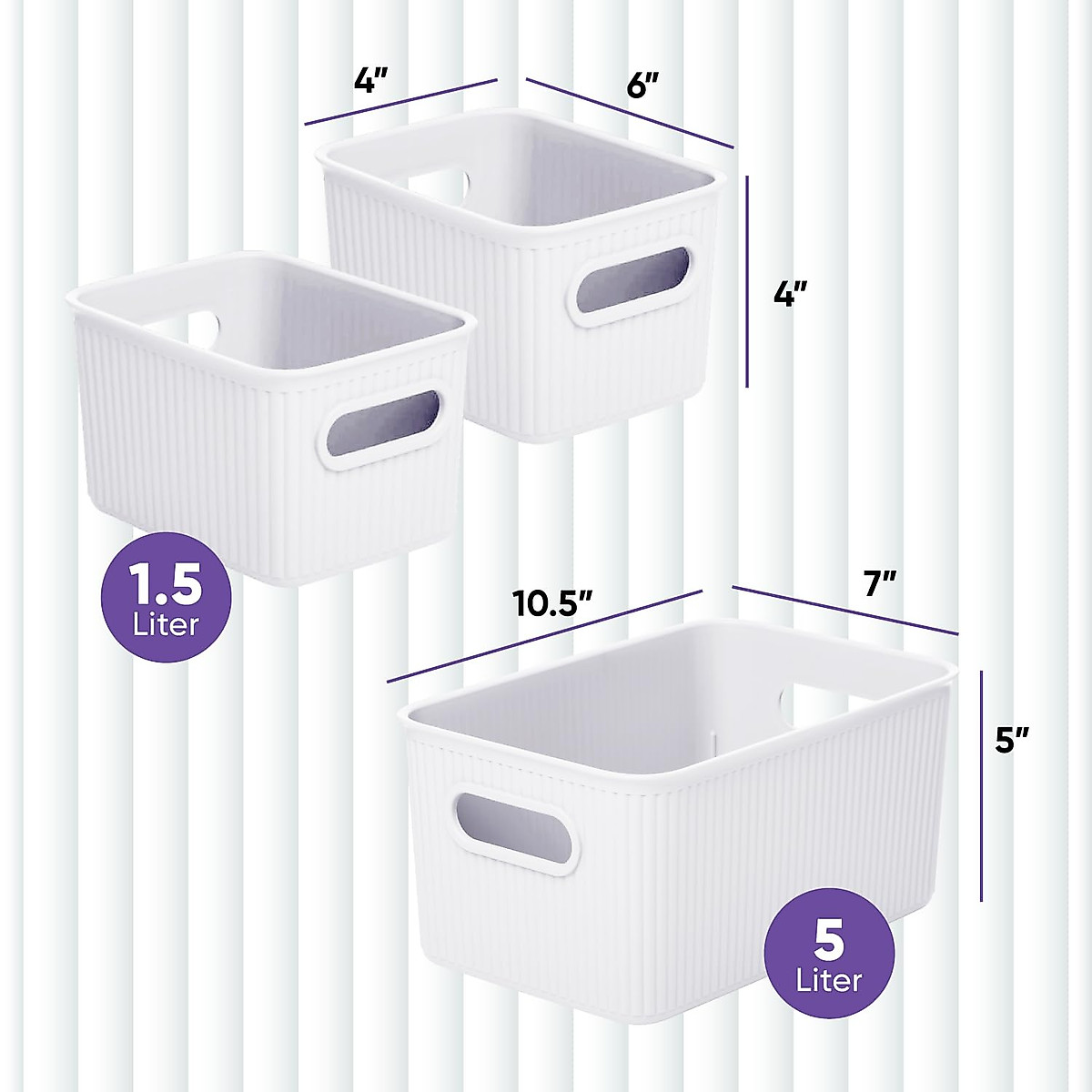 Superio Ribbed Collection - Decorative Plastic Open Home Storage Bins Organizer Baskets, White (Set of 3) 1 Medium, 2 Small - Container Boxes for Organizing Closet Shelves Drawer Shelf