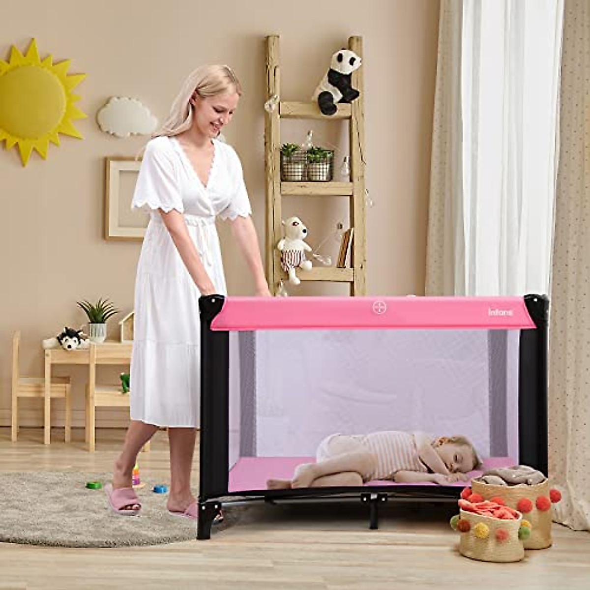 INFANS Pack and Play, Portable Playard with 50pcs Ball Pit Balls Carry Bag, Breathable Mattress, Washable Sheet Cover, Easy Folding Baby Crib Playpen Activity Center (Pink)