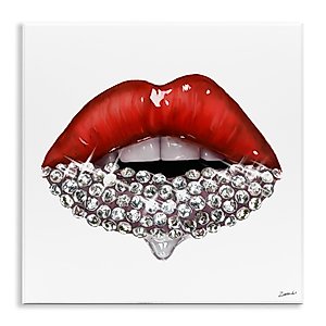 Stupell Industries Red Glam Lips with Glistening Cosmetic Stones Wall Art, 12x12, White