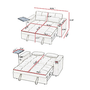3 in 1 Queen Pull Out Sleeper Sofa Couch Bed ,Oversized Convertible Chenille Futon Loveseat Lounge Recliner with Reclining Backrest ,Storage Armrest ,USB Port,Side Table and Cupholders for Living Room