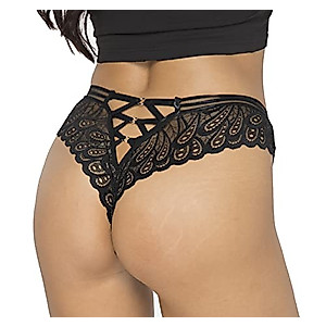 Sofishie Triple Crisscross Rings V-Back Floral Lace Panties - Black - Large