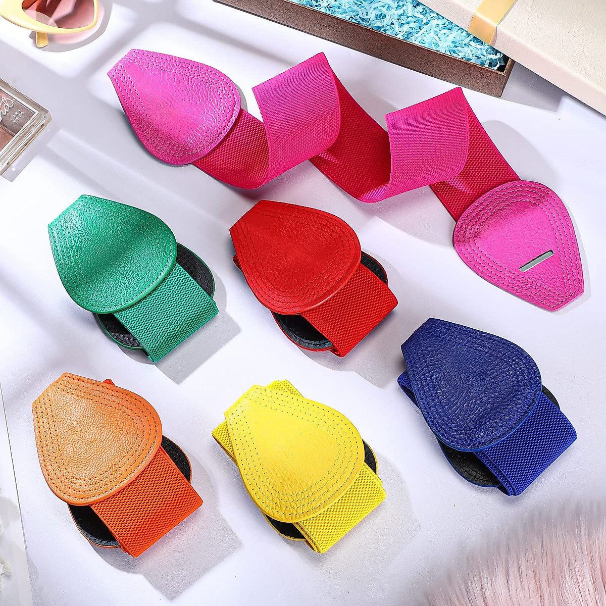 Wesiti 6 Pcs Stretch Belt for Women Dresses Wide Elastic Belt with Interlock Buckle, 6 Colors (Fresh Color, 8 Shaped)