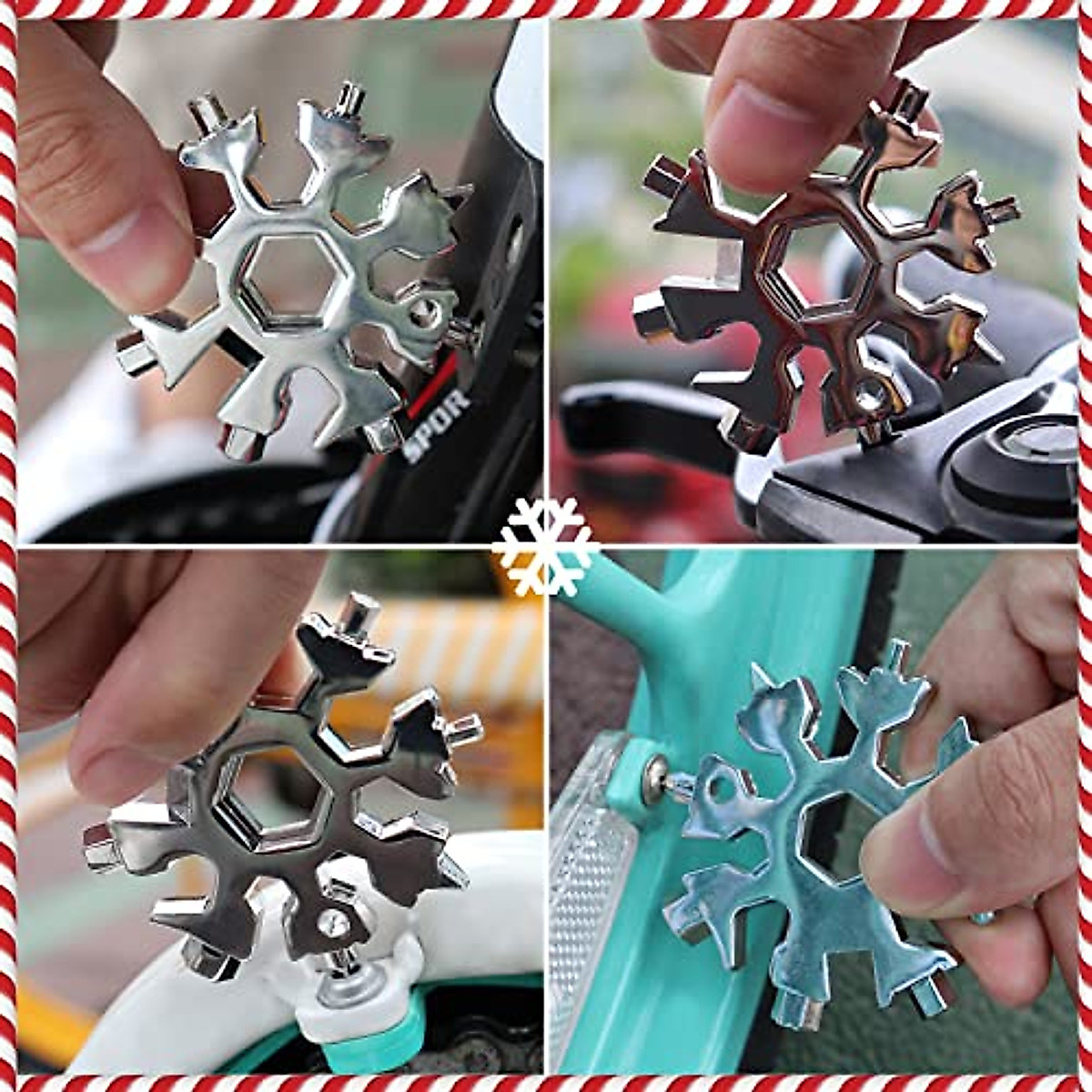 Motiloo 18 in 1 Snowflake Multitool,4 Packs Snowflake Multi Tool,Stainless Steel Snowflake Wrench/Bottle Opener with Key Ring Portable to Take for Great Men Fathers Christmas Gift