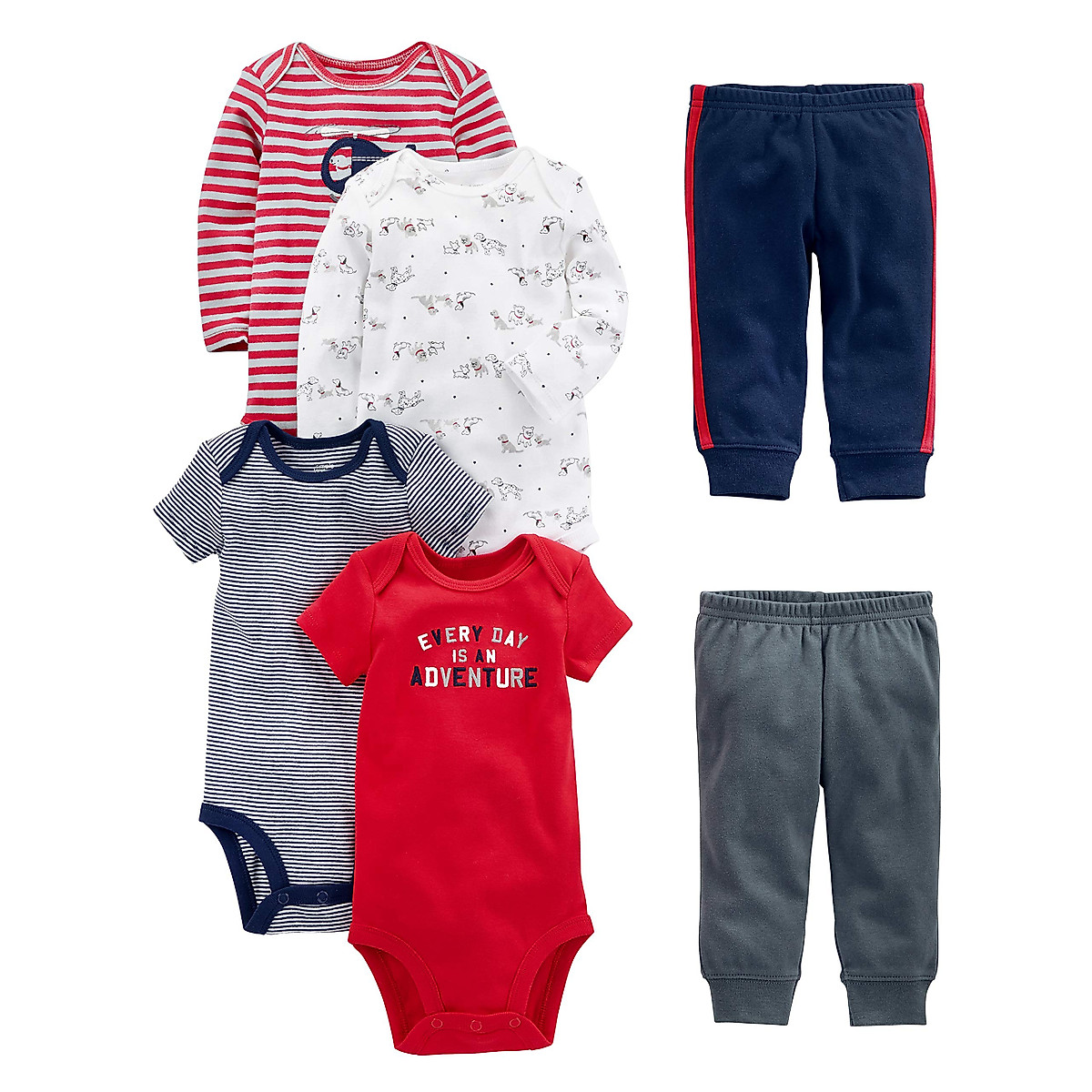 Simple Joys by Carter's Baby Boys' 6-Piece Bodysuits (Short and Long Sleeve) and Pants Set, Multicolor/Bear/Dogs/Stripe/Text Print, 24 Months