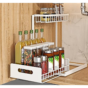 Alphyse Under Sink Organizers and Storage,2-Tier Metal Pull Out Under Sink Organizer,Multi-Purpose Slide Out Under Sink Storage for Kitchen Office Living Room Bathroom(White)