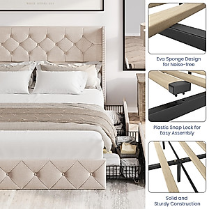 BRELTAM Queen Size Bed Frame with Storage Drawers and Wingback Headboard, Linen Upholstered Platform Bed Frame Tufted Beds with Wood Slats, No Box Spring Needed, Beige