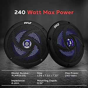 Pyle Marine Waterproof Speakers 6.5” - Low Profile Slim Style Wakeboard Tower and Weather Resistant Outdoor Audio Stereo Sound System with LED Lights and 240 Watt Power - 1 Pair in Black - PLMRS63BL