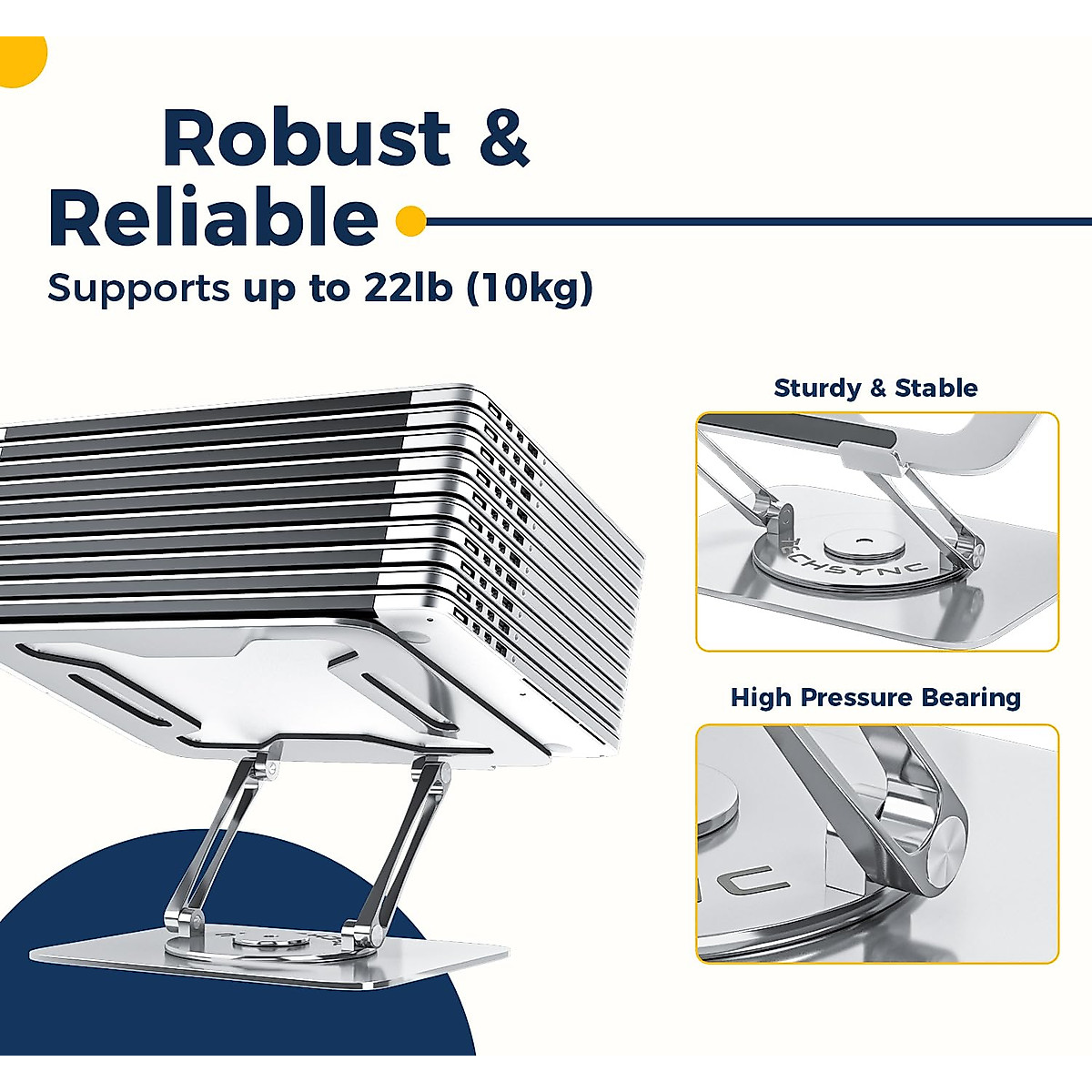TechSync 360° Rotating Portable Laptop Stand for Desk, Aluminum Ergonomic Laptop Riser Adjustable height for MacBook & laptop up to 16" & Holds weight upto 22 lb, Swivel Laptop Holder Stand - Silver