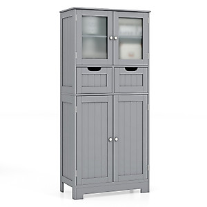Giantex Bathroom Floor Storage Cabinet - Freestanding Cabinet with 2 Glass Doors, 2 Drawers & Adjustable Shelves, Multifunctional 50.5” Tall Storage Organizer Cupboard for Kitchen, Living Room (Gray)