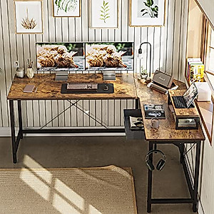 CubiCubi 66 x 47 inch L-Shaped Desk Computer Corner Desk, Home Office Gaming Table, Sturdy Writing Workstation with Small Table, Space-Saving, Easy to Assemble, Rustic Brown