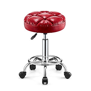 JHKZUDG PU Leather Round Rolling Stool with Wheels,360°Swivel Height Adjustable Stool Chair, Modern Round Rolling Stool with Footrest, for Home Work Spa Salon Massage Stools,Red