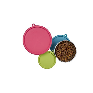 Messy Mutts 6-Piece Set | Three Stainless Steel Bowls and Three Colorful Silicone Lids | Sealable Travel Containers | Portable Food/Water Dishes for Pets | Medium, 1.5 Cups