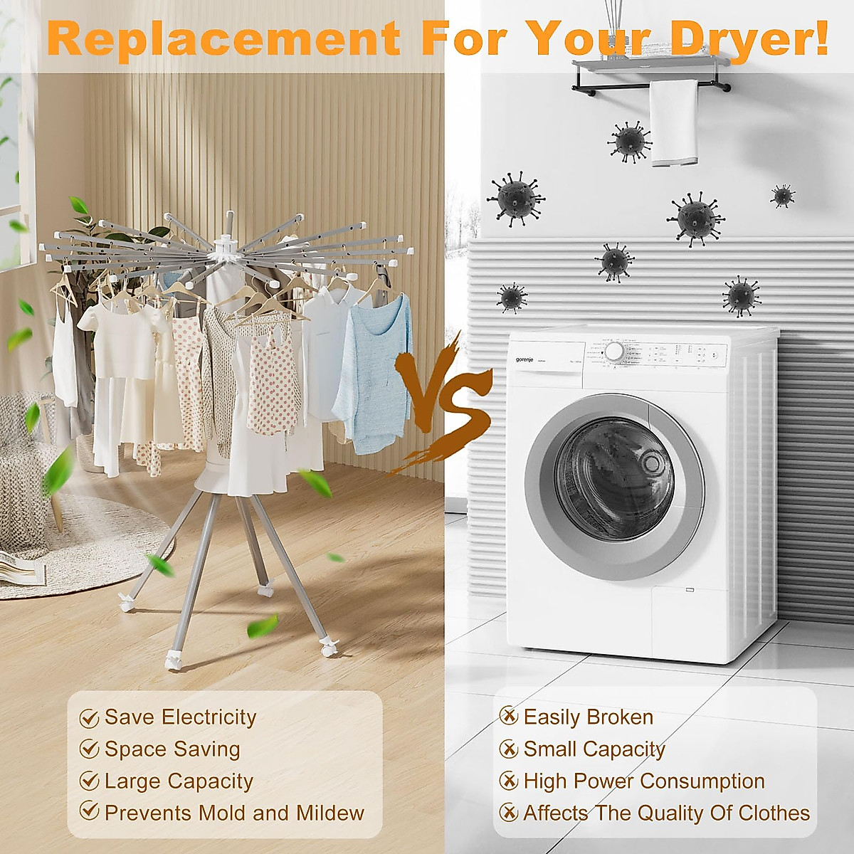 Four-Legged Clothes Drying Rack Foldable, Portable Laundry Drying Rack with 4 Pulleys, Anti-Slip Holes, Windproof Nails, Outdoor Collapsible Drying Rack Clothing, Aluminum Indoor Dry Rack for Clothes