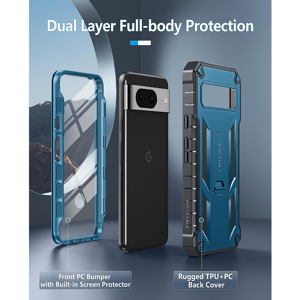 FNTCASE for Google Pixel 8 Case: Military Grade Shockproof Rugged Protective Phone Cover with Kickstand, Belt-Clip Holster & Extra Front Frame, Heavy Duty Hard Pixel 8 Cell Phone Cases 5G (Blue)