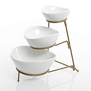 Gibson 3 Tiered Oval Chip And Dip Set With Metal Rack, Three Tier Dessert And Snack Server (Gold)