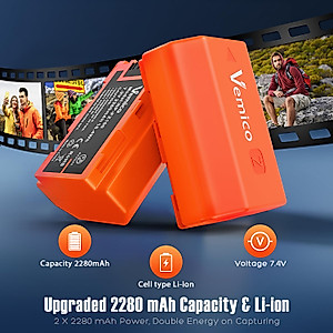 Vemico NP-FZ100 Battery Charger Set Z-Series 2 X 2280mAh Replacement Batteries with LCD Type-C Charger for Alpha A6600/A7III/A7R III/FX3/A1/A7 RIII/A7S III/A7C/A9/A9S/A9R/A7IV/A7R4 etc.