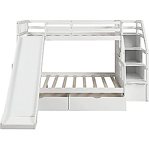 ATH-S Twin Over Full Bunk Bed with Slide, Twin Over Full Bunk Bed with Storage Drawers and Stairscase, Wood Bunk Bed Frame with Guardrails for Kids Boys Girls Teens Adults, No Box Spring Needed, White