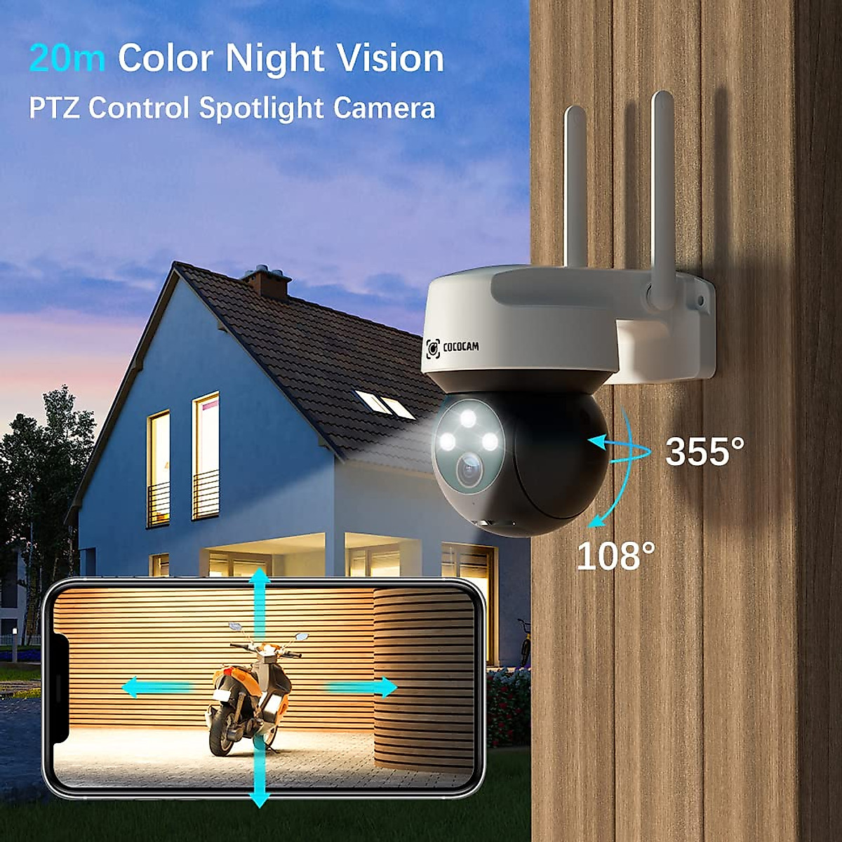 COCOCAM 2K Security Camera Outdoor, Wireless Cameras for Home Security Outdoor, 2.4GHz WiFi Security Camera with Auto Tracking, Motion Detection with Spotlight, Color Night Vision Camera, 2-Way Audio