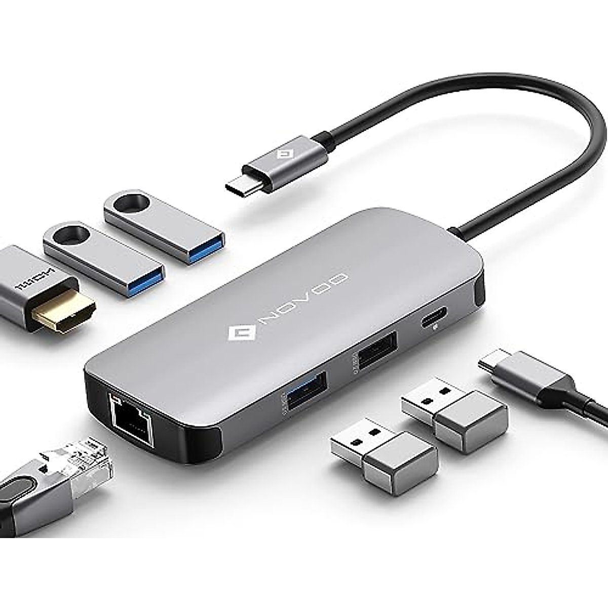 NOVOO USB C Hub Multiport Adapter to 4K HDMI, 1Gbps Ethernet, 100W PD Charging, USB C to USB x 4, 7 in 1 USB C Adapter for M1/M2 MacBook Pro/Air Dell HP Lenovo ASUS Surface