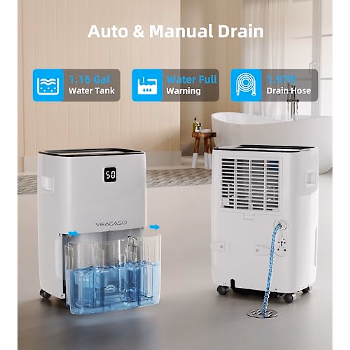 5500 Sq. Ft Dehumidifier for Basement with Drain Hose, VEAGASO 80 Pints Dehumidifiers for Home Large Room Bathroom with Water Tank, Intelligent Humidity Control, Auto Defrost, 24H Timer, Child Lock