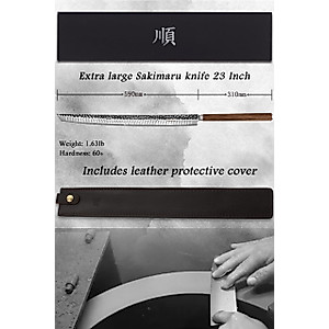 YOUSUNLONG Sakimaru Knife 23 Inch Ultra Yanagiba - Japanese Hammer Damascus Steel Blade - Chef Slicer Suitable for Cutting Large Maguro Tuna Salmon - Natural Walnut wood Handle with Leather