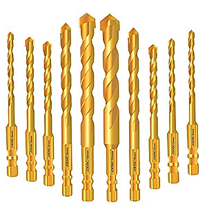 JOERIC Titanium Masonry Drill Bits Set, 10PCS Concrete Drill Bit Ceramic Tile Drill Bit Set Tungsten Carbide Tipped Ceramic Tile Drill Bits for Concrete Brick Glass Plastic and Wood (5mm-12mm)