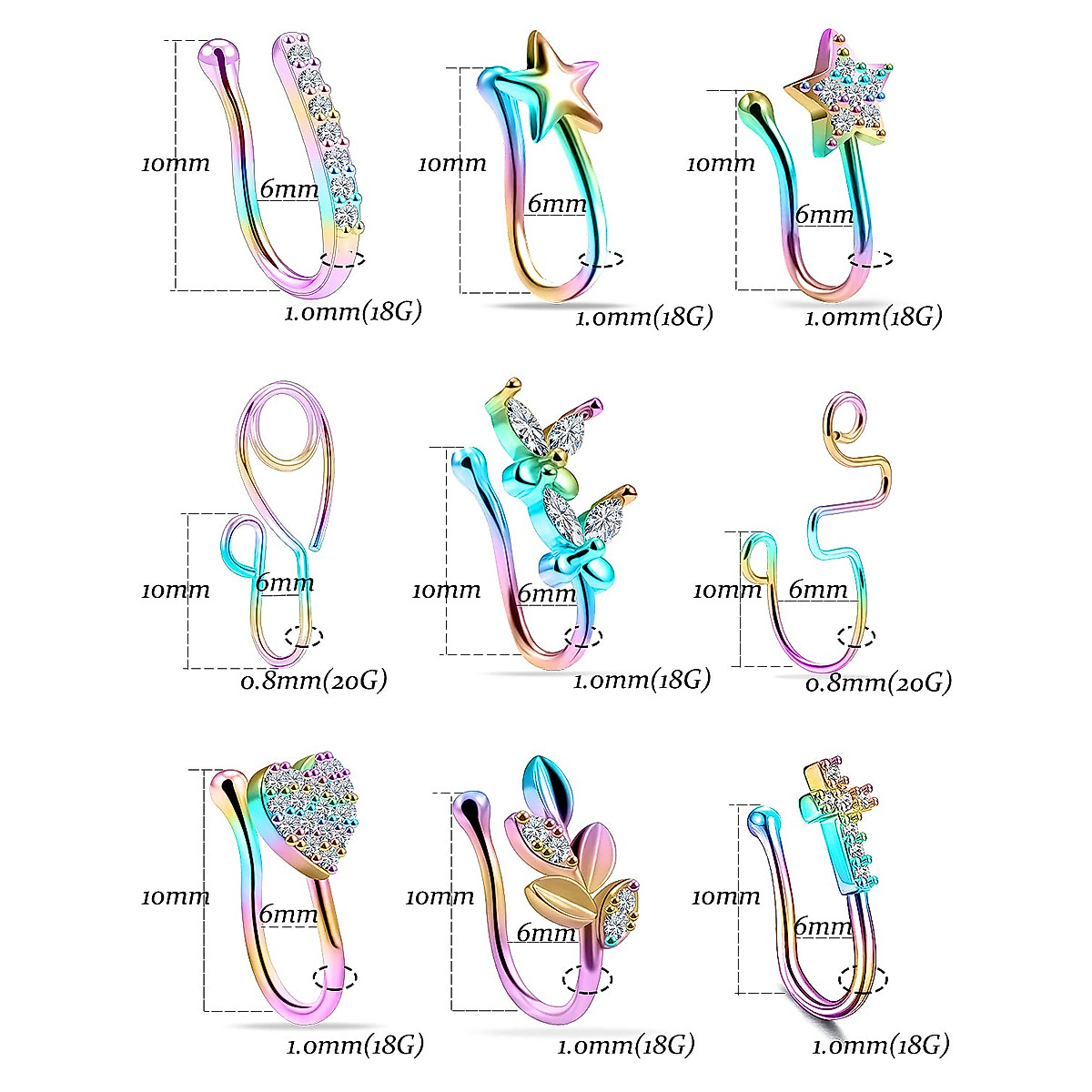 Vsnnsns Fake Nose Ring Stud Stainless Steel 20G Faux Septum Nose Piercing Jewelry Clip On Nose Ring Cuffs Non Piercing Nose Hoop Ring for Women Men 9pcs Rainbow