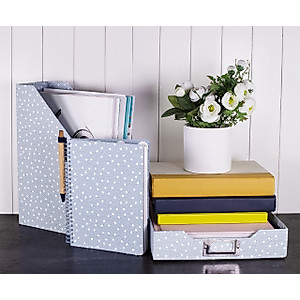 Steel Mill & Co Cute Blue Magazine Holder Set of 2, Vertical File Organizer, File Folder and Paper Holder, Desk Accessories & Workspace Organizers for Home or Office, Textured Large Dots