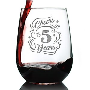 Cheers to 5 Years - Stemless Wine Glass Gifts for Women & Men - 5th Anniversary Party Decor - Large 17 Oz Glasses