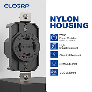ELEGRP NEMA L14-20R Flush Mounting Locking Receptacle, Twist Lock Socket/Outlet for Generator, 20 Amp 125/250V 3 Pole 4 Wire Grounding, Industrial Grade Heavy Duty, UL Listed (1 Pack, Black)