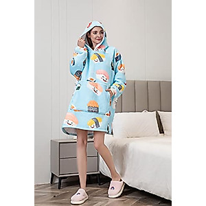 Wearable Blanket Hoodie, Oversized Sherpa Hooded Blanket Sweatshirt Extremely Cozy, Warm, Soft and Fuzzy Hoodie Blanket (Sushi Blue)